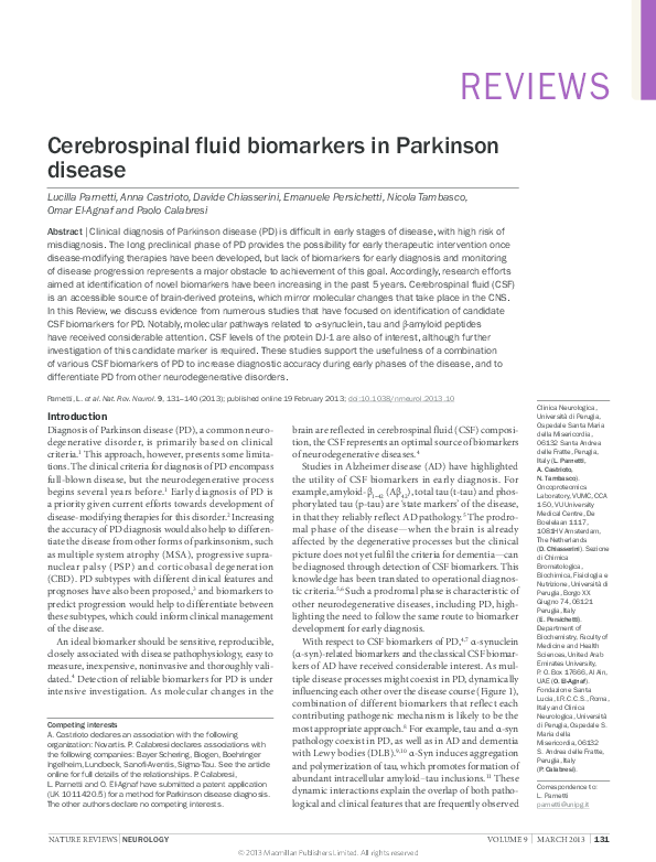 (PDF) Cerebrospinal fluid biomarkers in Parkinson disease