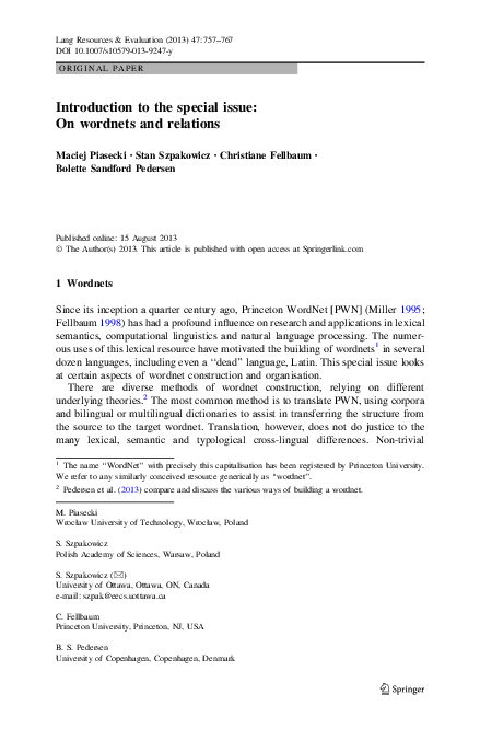 (PDF) Introduction to the special issue: On wordnets and relations