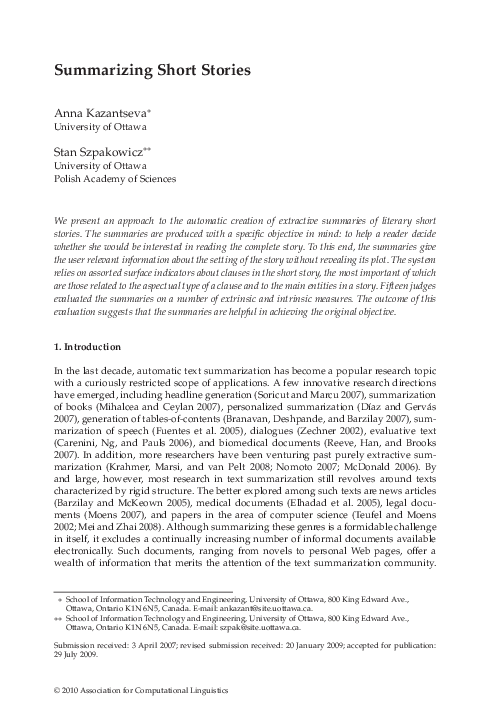(PDF) Summarizing Short Stories