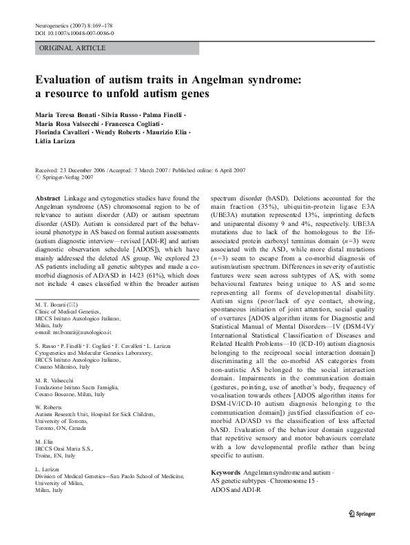 (PDF) Evaluation of autism traits in Angelman syndrome: a resource to ...