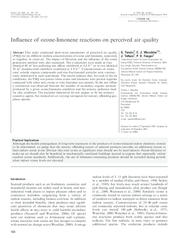 (PDF) Influence of ozone-limonene reactions on perceived air quality ...