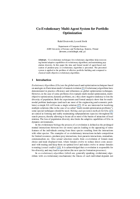 Pdf Co Evolutionary Multi Agent System For Portfolio Optimization