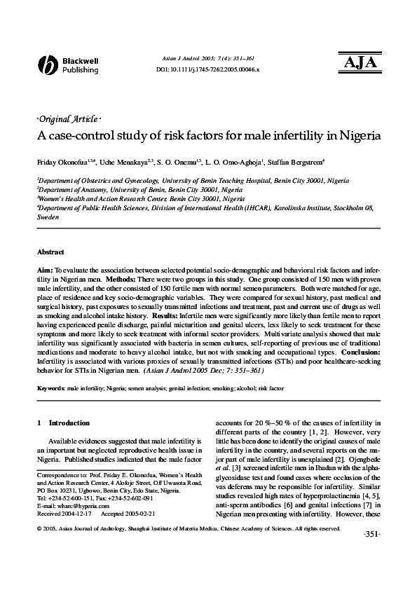 (PDF) A case-control study of risk factors for male infertility in Nigeria