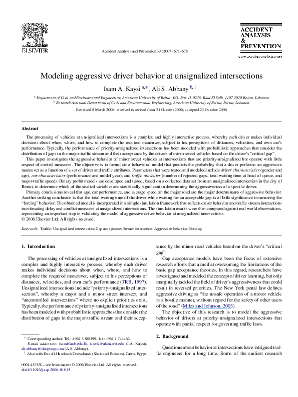 (PDF) Modeling aggressive driver behavior at unsignalized intersections