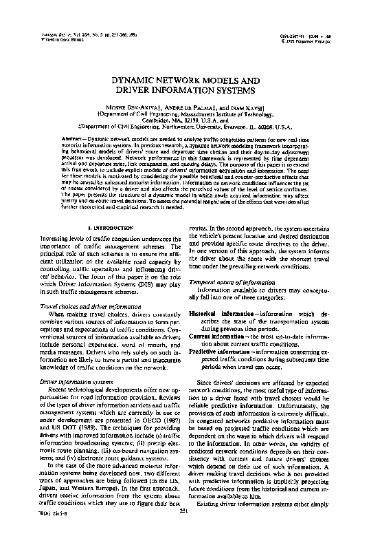 Pdf Dynamic Network Models And Driver Information Systems