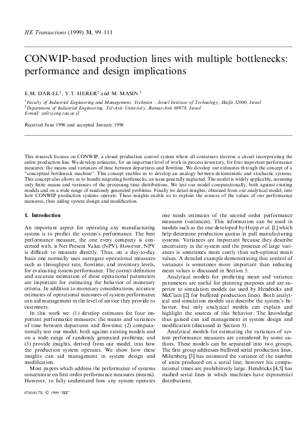 (PDF) CONWIP-based production lines with multiple bottlenecks ...