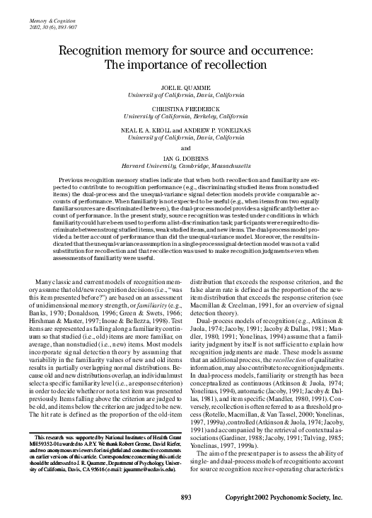 Pdf Recognition Memory For Source And Occurrence The Importance Of Recollection
