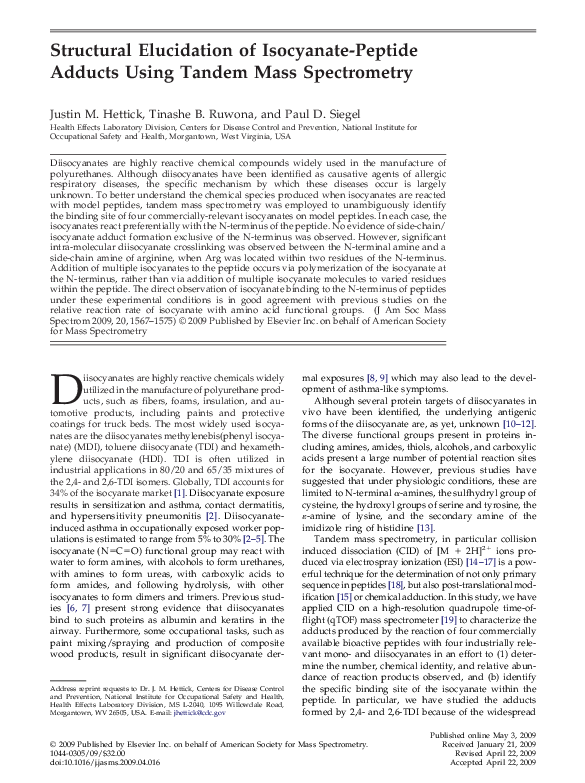 (PDF) Structural elucidation of isocyanate-peptide adducts using tandem mass spectrometry