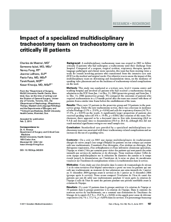 (PDF) Impact of a specialized multidisciplinary tracheostomy team on ...
