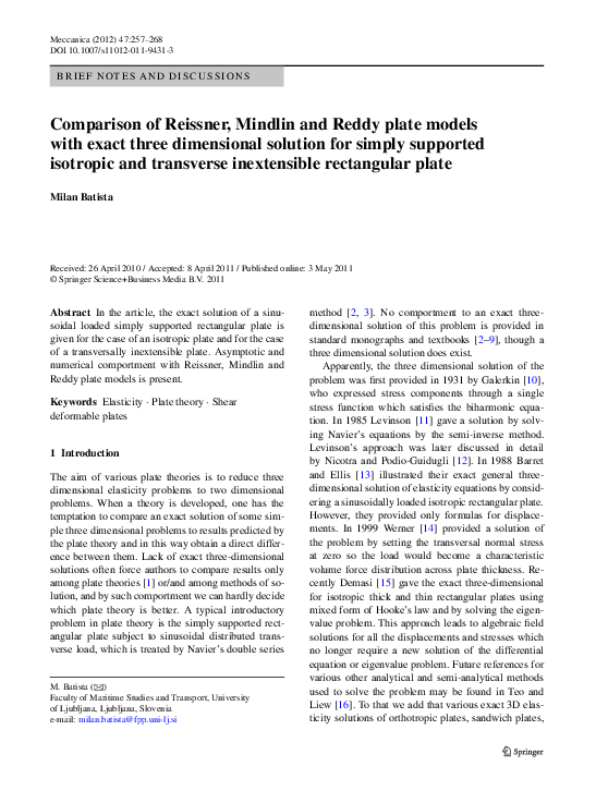 (PDF) Comparison of Reissner, Mindlin and Reddy plate models with exact ...