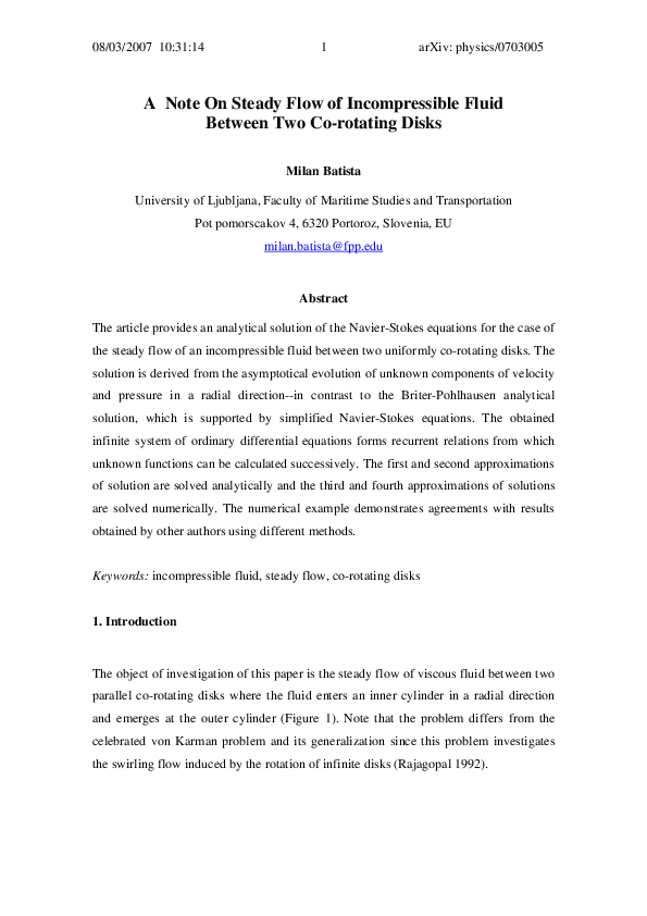 (PDF) Steady flow of incompressible fluid between two co-rotating disks