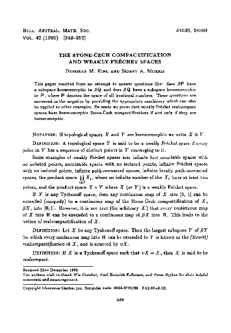 Pdf The Stone Čech Compactification And Weakly Fréchet Spaces