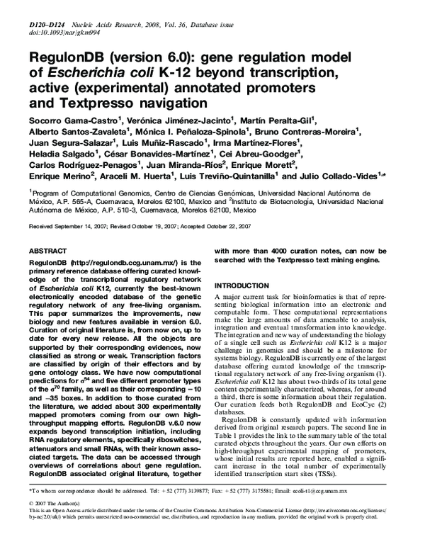 (PDF) RegulonDB (version 6.0): gene regulation model of Escherichia ...