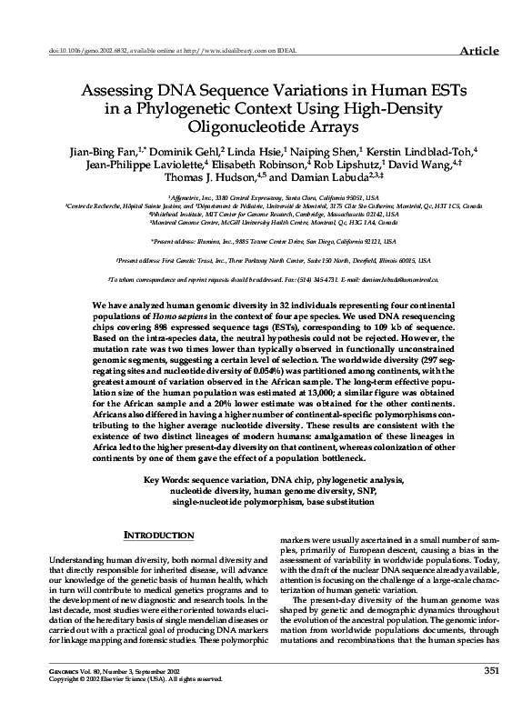 (PDF) Assessing DNA Sequence Variations in Human ESTs in a Phylogenetic Context Using High ...