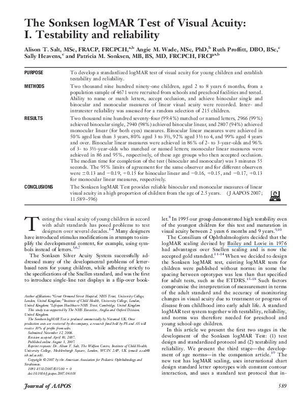 (PDF) The Sonksen logMAR Test of Visual Acuity: I. Testability and ...