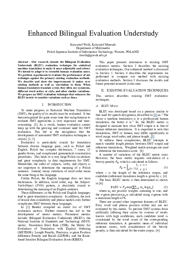 (PDF) Enhanced Bilingual Evaluation Understudy