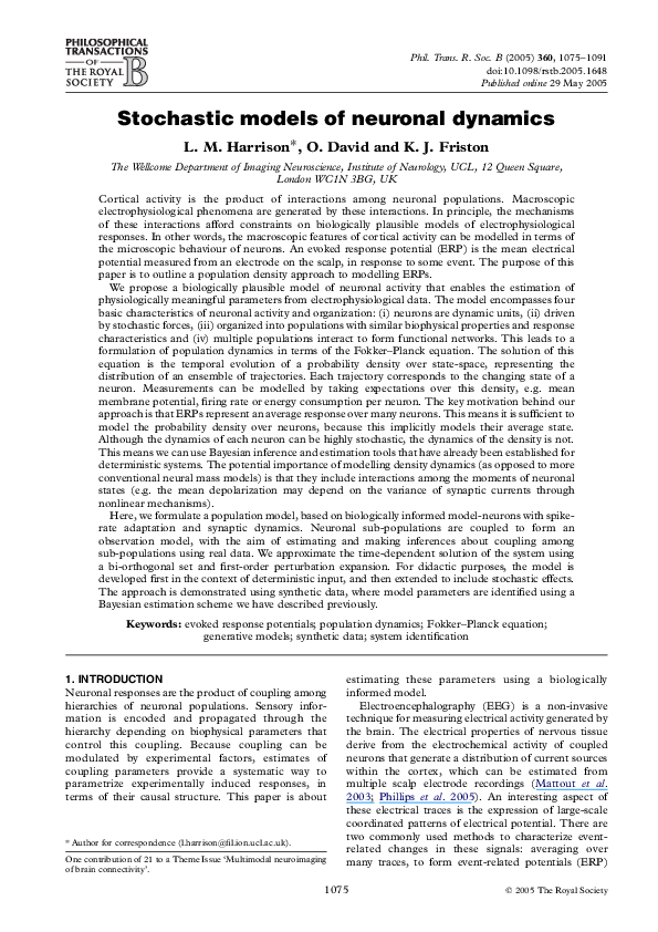 (PDF) Stochastic models of neuronal dynamics