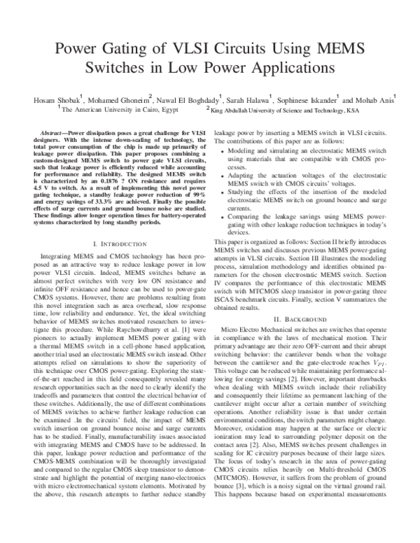 Pdf Power Gating Of Vlsi Circuits Using Mems Switches In Low Power Applications