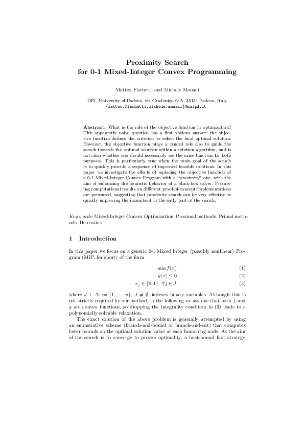 (PDF) Proximity search for 0-1 mixed-integer convex programming