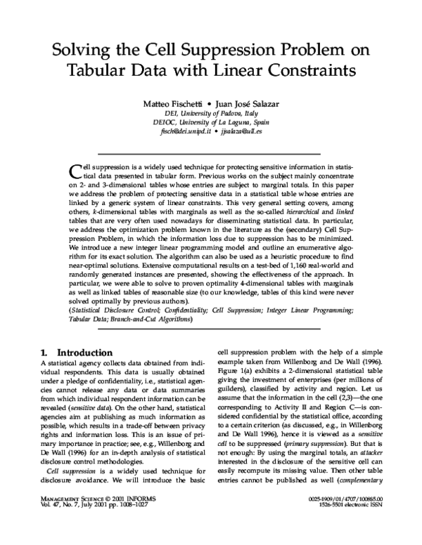 (PDF) Solving the Cell Suppression Problem on Tabular Data with Linear Constraints