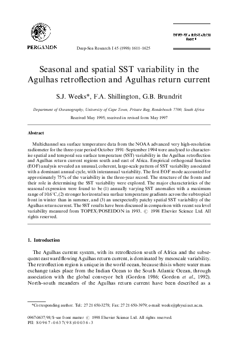 (PDF) Seasonal and spatial SST variability in the Agulhas retroflection ...
