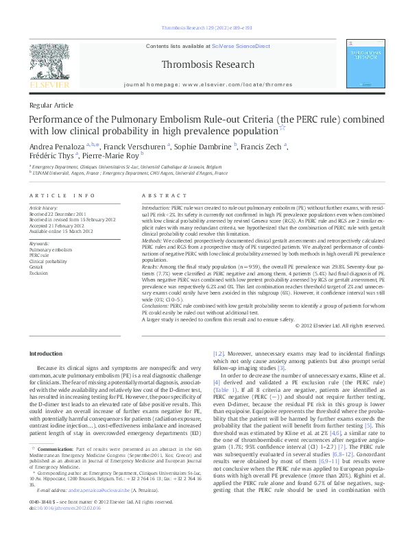 (PDF) Performance of the Pulmonary Embolism Rule-out Criteria (the PERC ...