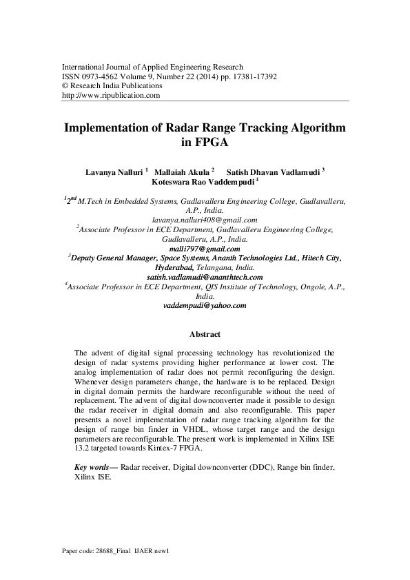 (PDF) Implementation of Radar Range Tracking Algorithm in FPGA