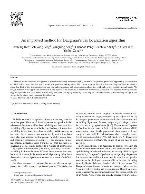 Pdf An Improved Method For Daugmans Iris Localization Algorithm