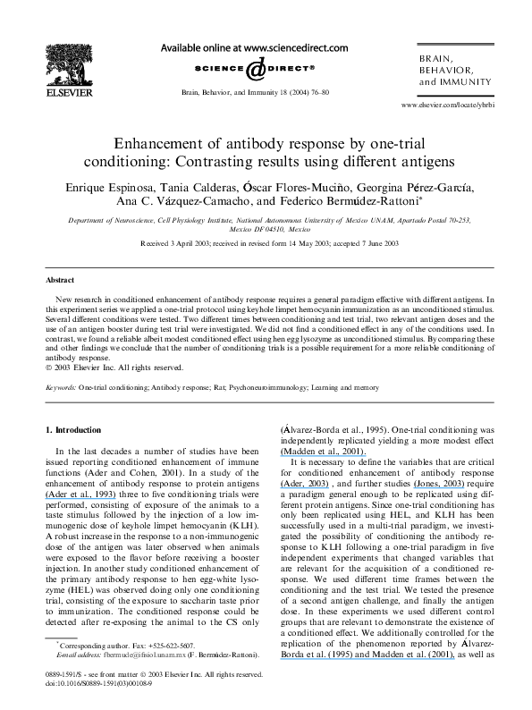 (PDF) Enhancement of antibody response by one-trial conditioning ...
