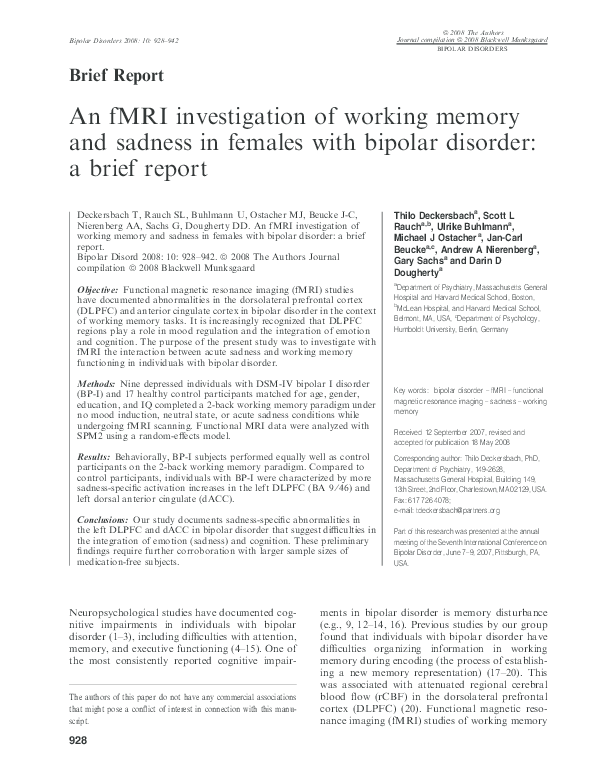 (PDF) An fMRI investigation of working memory and sadness in females ...