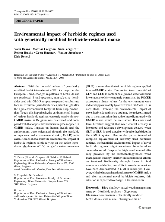 (PDF) Environmental impact of herbicide regimes used with genetically ...
