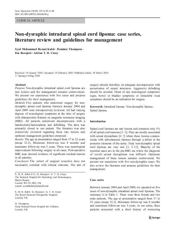 (PDF) Non-dysraphic intradural spinal cord lipoma: case series, literature review and guidelines ...