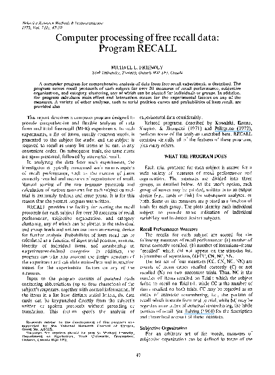 (PDF) Computer processing of free recall data: Program RECALL