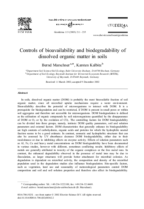 (PDF) Controls of bioavailability and biodegradability of dissolved organic matter in soils