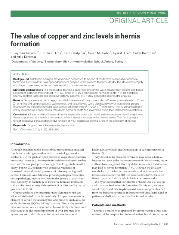 (PDF) The value of copper and zinc levels in hernia formation