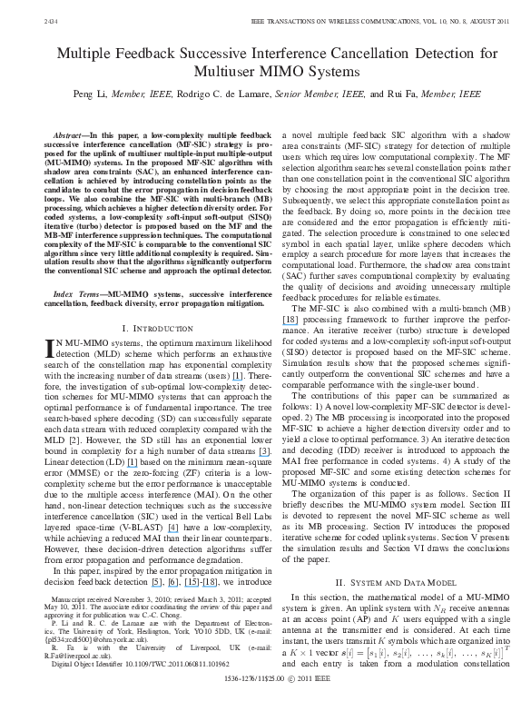 Pdf Multiple Feedback Successive Interference Cancellation Detection For Multiuser Mimo Systems