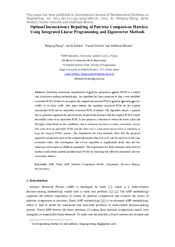 Pdf Optimal Inconsistency Repairing Of Pairwise Comparison Matrices