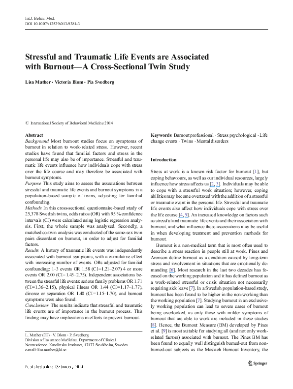 (PDF) Stressful and Traumatic Life Events are Associated with Burnout—A ...