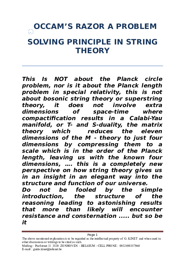 (DOC) OCCAM'S RAZOR A PROBLEM SOLVING PRINCIPLE IN STRING THEORY
