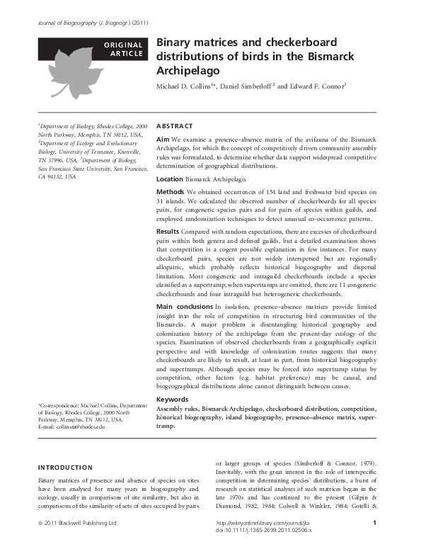 (PDF) Binary matrices and checkerboard distributions of birds in the ...