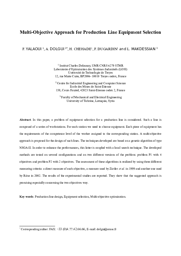 (DOC) Multi-Objective Approach for Production Line Equipment Selection