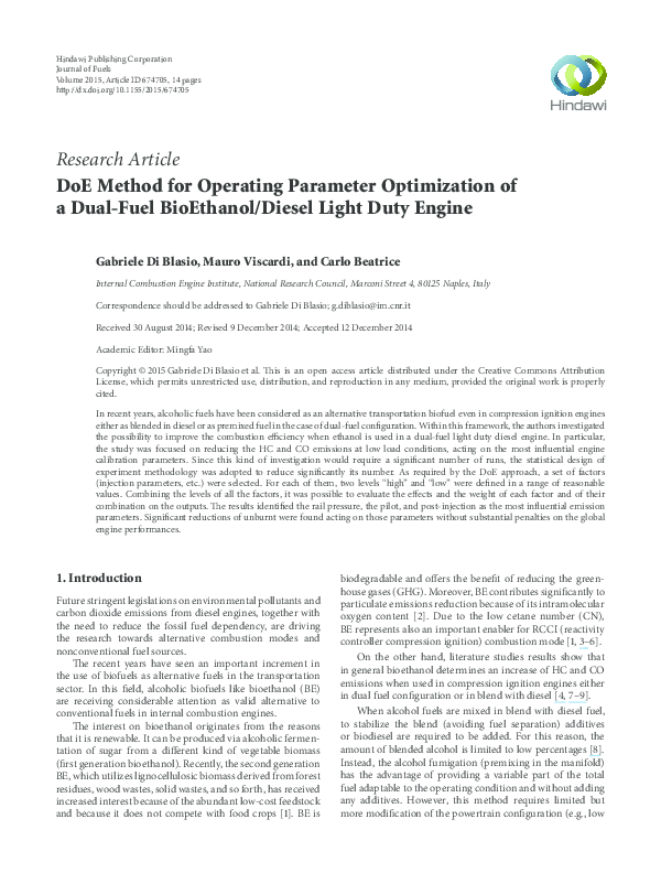 (PDF) DoE Method for Operating Parameter Optimization of a Dual-Fuel BioEthanol/Diesel Light ...