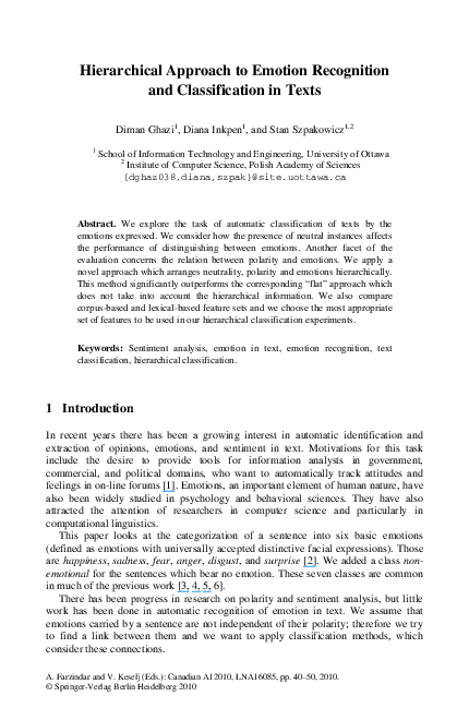 Pdf Hierarchical Approach To Emotion Recognition And Classification In Texts