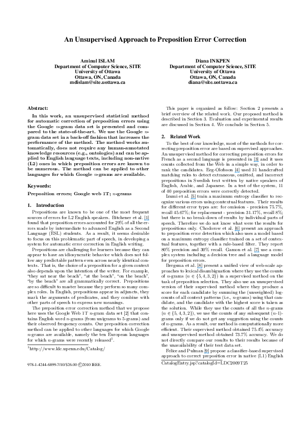 (PDF) An unsupervised approach to preposition error correction