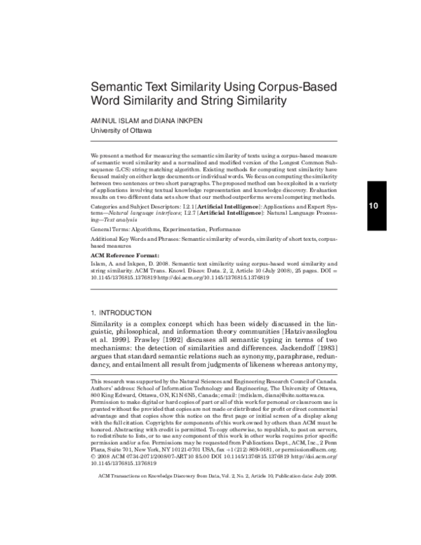 Pdf Semantic Text Similarity Using Corpus Based Word Similarity And String Similarity