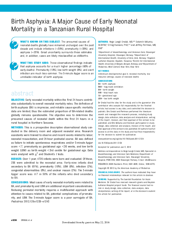 (PDF) Birth Asphyxia: A Major Cause of Early Neonatal Mortality in a ...