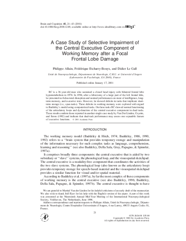 (PDF) A Case Study of Selective Impairment of the Central Executive ...