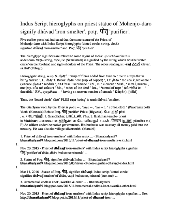 (PDF) Indus Script hieroglyphs on priest statue of Mohenjo-daro signify ...