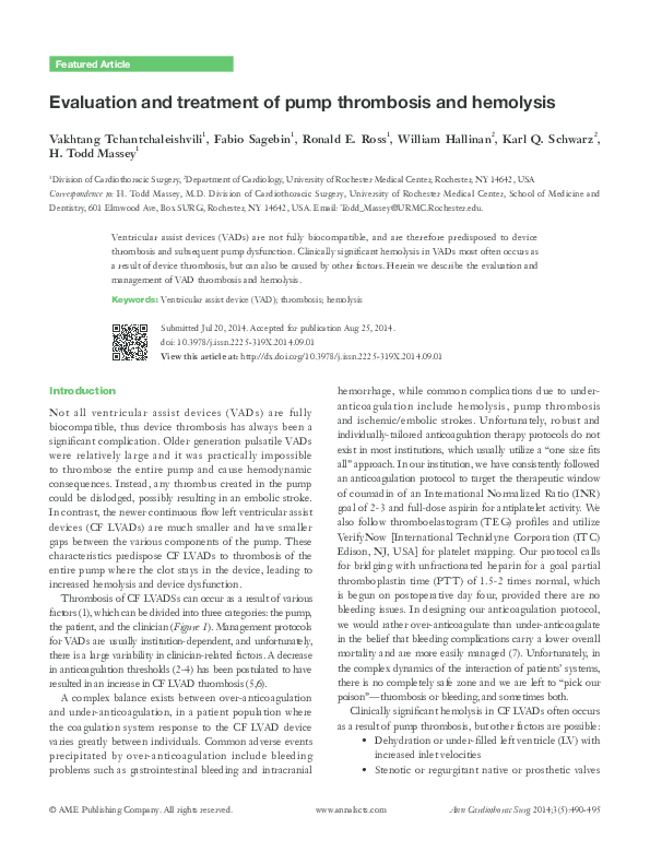 (PDF) Evaluation and treatment of pump thrombosis and hemolysis