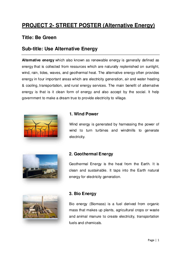 (PDF) PROJECT 2-STREET POSTER (Alternative Energy) Title: Be Green Sub ...